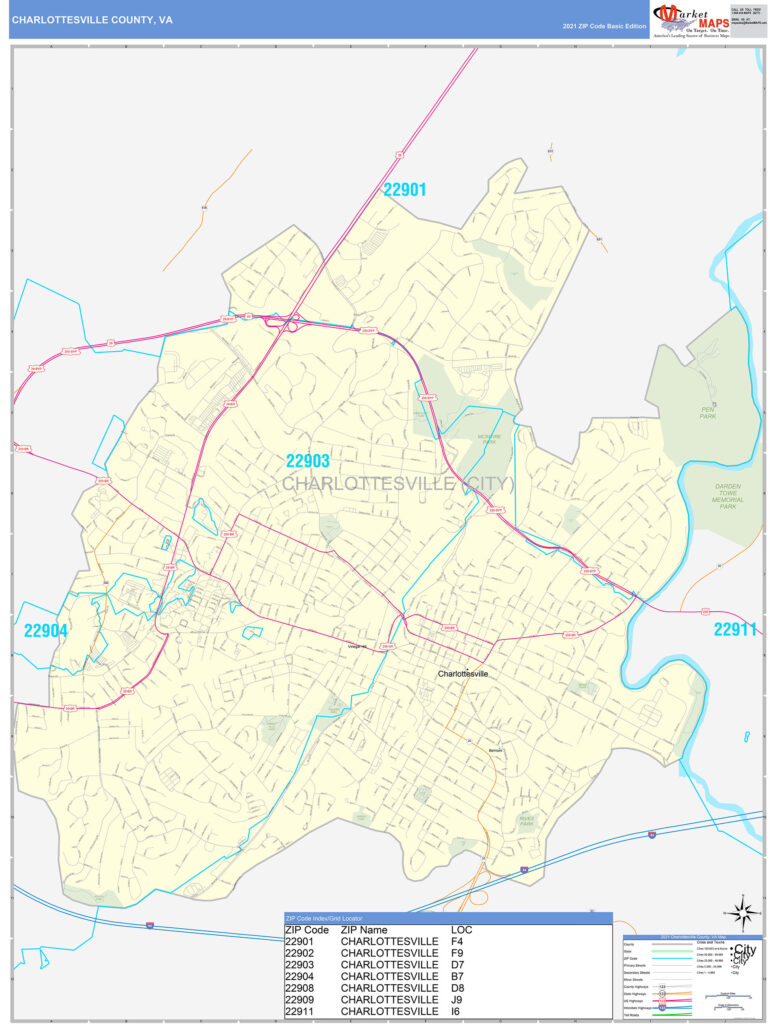 Charlottesville County VA Zip Code Wall Map Basic Style By MarketMAPS ...