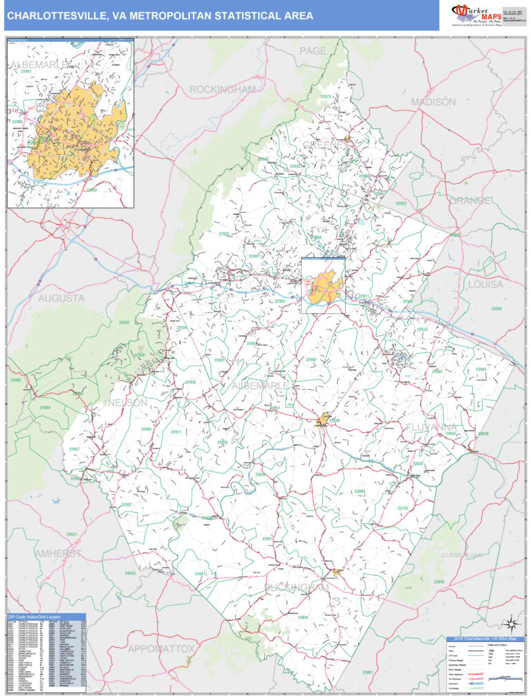 Charlottesville VA Metro Area Wall Map Basic Style By MarketMAPS ...