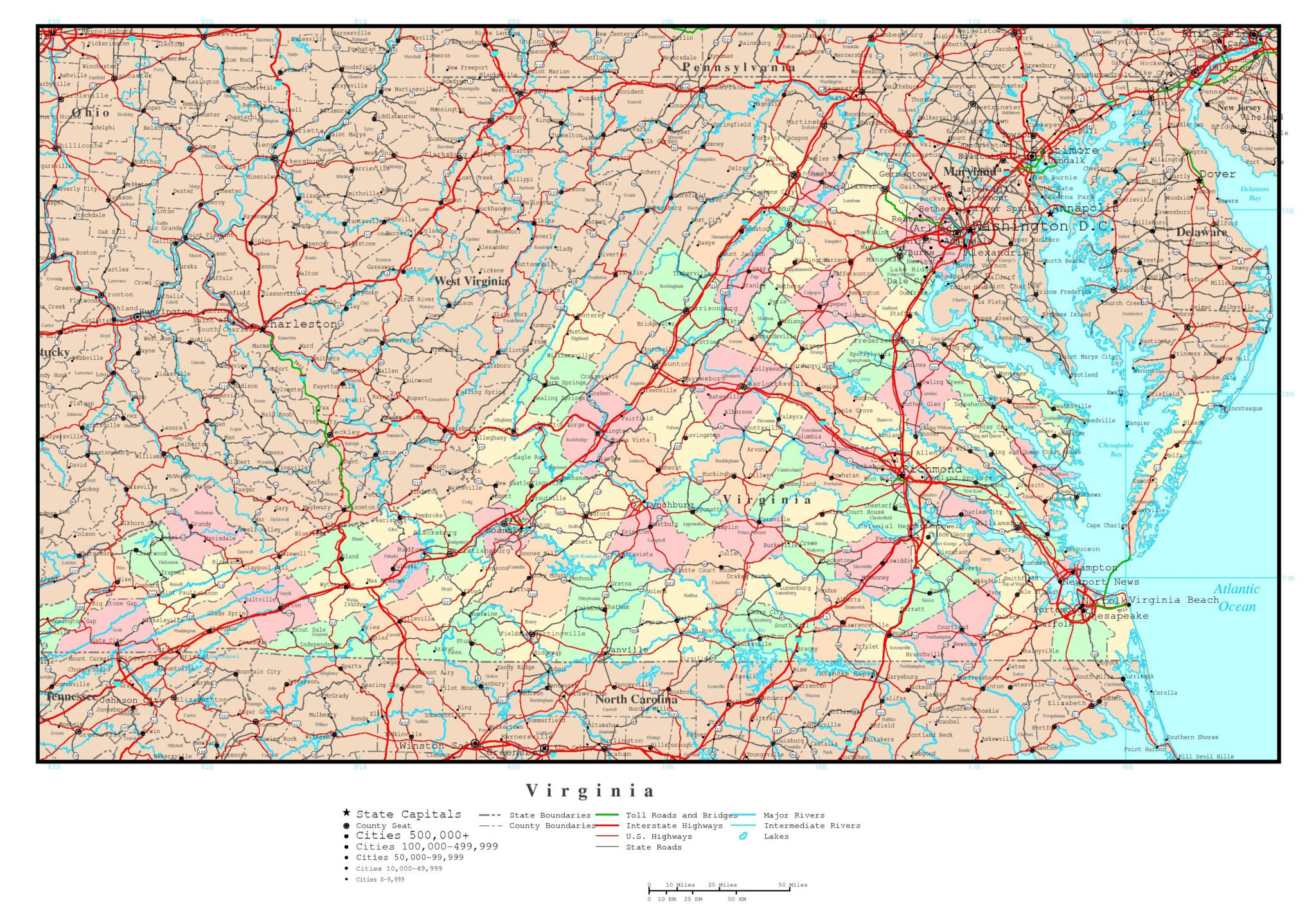 Laminated Map Large Detailed Administrative Map Of Virginia State ...