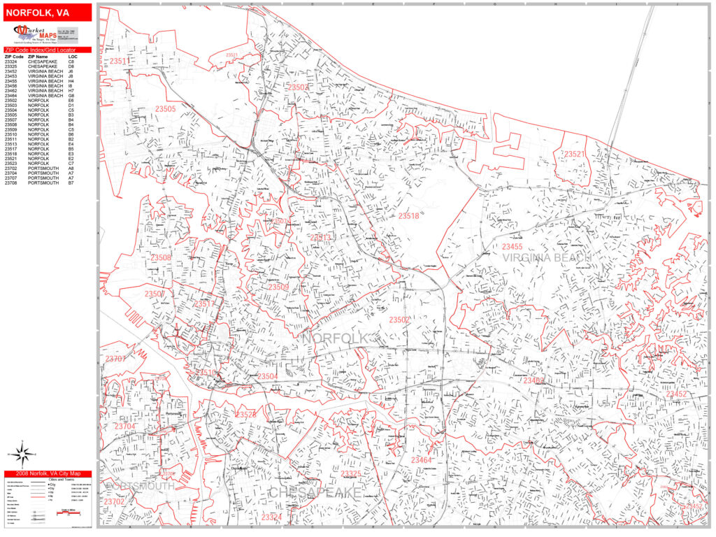 Norfolk Virginia Zip Code Wall Map Red Line Style By MarketMAPS ...
